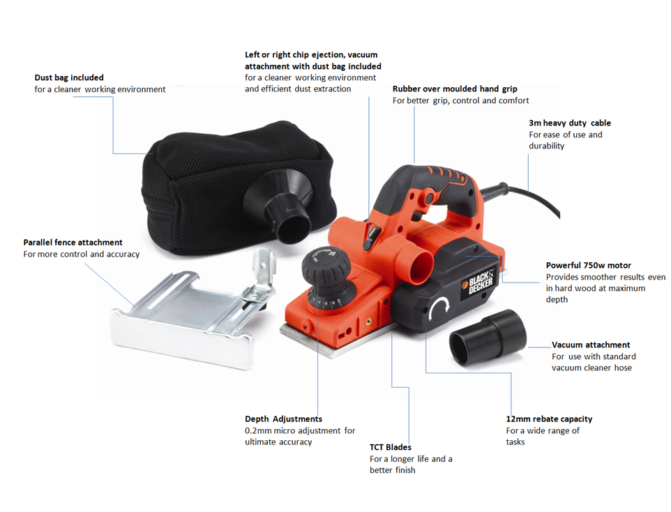 BLACK+DECKER 750 W High Performance Rebating Planer with Vacuum Adaptor ...