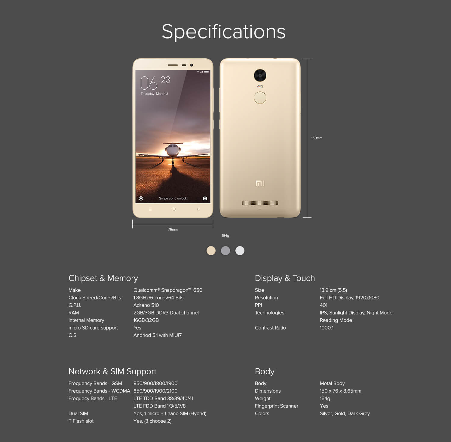Redmi Note 3 Mobile Phone Specifications Features Reviews At Amazon in