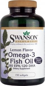 Swanson Omega 3 Fish Oil Lemon Flavour (180mg EPA, 120mg DHA, 150 Softgels)