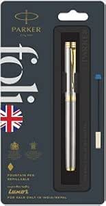 Parker Folio Stainless Steel with Gold Trim Fountain Pen : Amazon.in ...