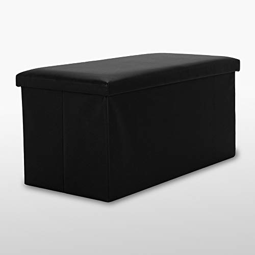 LARGE BLACK FAUX LEATHER LUXURY OTTOMAN POUFFE STOOL FOLDING STORAGE ...