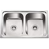 CROCODILE 304 Grade Double Bowl Handmade Kitchen Sink (32" x 18" x 10" Double Bowl with Tap Hole ...