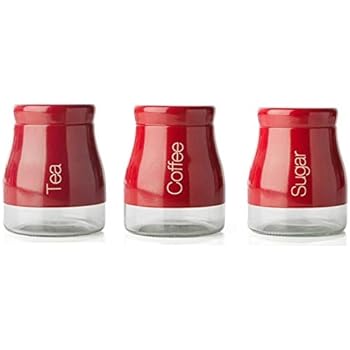 Kabalo Red Set of 3 Tea Coffee & Sugar Canisters Kitchen Storage ...