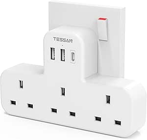 Extension Plug with 2 USB and 1 USB C, TESSAN 3 Way Plug Adapter UK ...