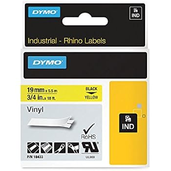 Dymo 18433 Rhino Industrial Vinyl Labels, Self-Adhesive, 19 mm x 5.5 m - Black Print on Yellow ...