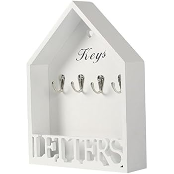 VINTAGE WHITE LETTER RACK & 4 KEY HOLDER HOOKS STORAGE SHABBY CHIC WALL ...