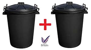 2 x Large 80/85L Litre Black Plastic Bin Rubbish Dustbin Animal Feed ...