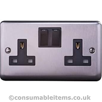 Volex Brushed Stainless Steel Double Twin Plug Socket with Rounded Edge ...