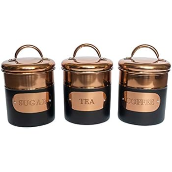 Black & Copper Metal Tea Coffee Sugar Storage Canister Set Jar Pots ...