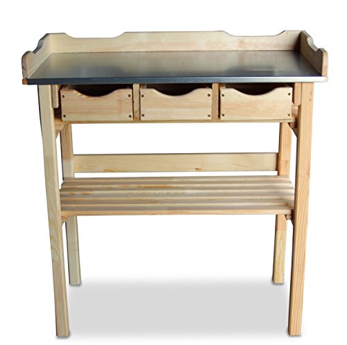 Wooden Potting Table with 3 Drawers and galvanised metal work surface ...