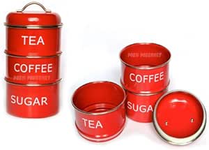 RETRO VINTAGE STACKING TEA COFFEE SUGAR RED STORAGE JARS CANISTERS ...