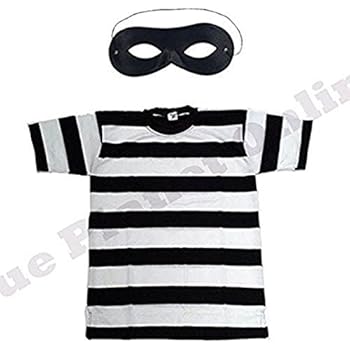 KIDS BURGLAR ROBBER STRIPED BLACK WHITE TOP MASK FANCY DRESS COSTUME ...