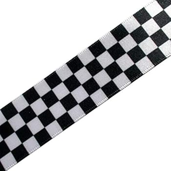 2 metres x 25mm Woven Ribbon Black & White Square block checker F1 ...