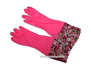 PINK Rubber Washing Up Gloves Large Size with Extra Long Flower Printed ...