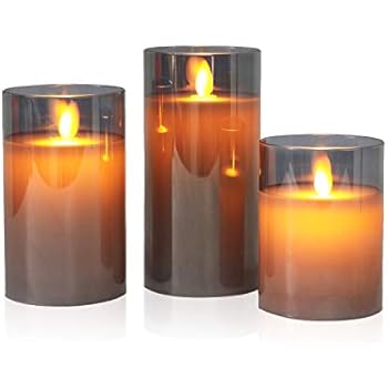 Grey Glass Battery Operated Candle with Timer, Flameless Led Candle Gift Set, Warm White ...