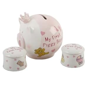 My First Piggy Bank Baby Girl Money Box, Tooth & Curl Boxes Set - Pink ...