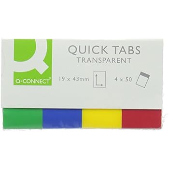 Q-Connect Quick Tabs, 20 x 45 mm, Transparent Assorted, Pack of 200 ...