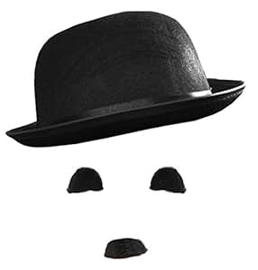 CHARLIE CHAPLIN FANCY DRESS COSTUME SET BOWLER HAT + BLACK EYEBROWS ...