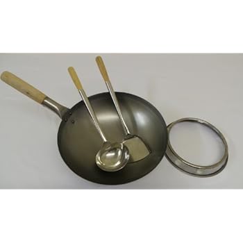 14" WOK Round Bottom Carbon Steel with Stainless Steel Ladle, Turner ...