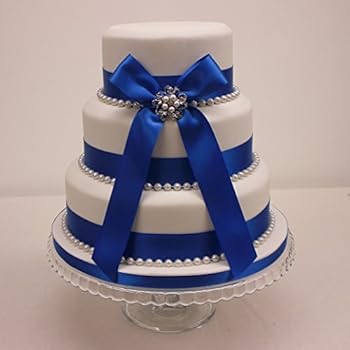 WEDDING CAKE BOW SET - SATIN ROYAL BLUE RIBBON/SILVER DIAMANTE TRIM ...