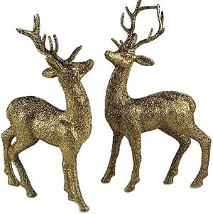 Set Of 2 Gold Glitter Reindeer Figurines - Christmas Decorations ...