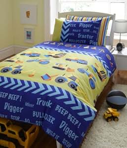 DIGGERS TRACTOR KIDS REVERSIBLE DOUBLE BED DUVET COVER QUILT BEDDING ...