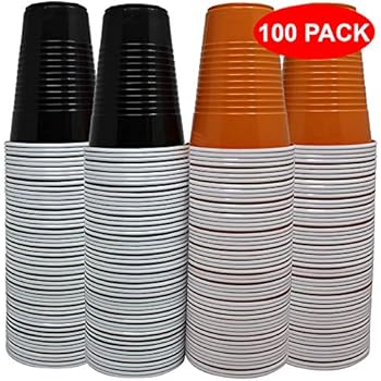 100 Large Halloween Themed Disposable Plastic Party Cups - 50 Orange ...