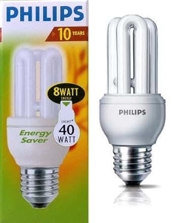 5 x Philips GENIE 8W (=40W) E27 ES 827 CFL Energy Saving Light Bulbs, Edison Screw, 10 Years ...