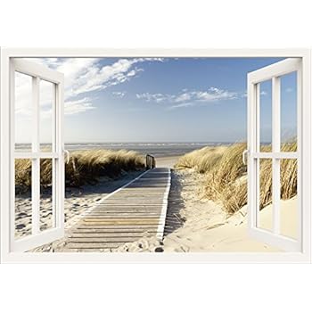 Ayra- Leinwandbild Wandbild Fensterblick Keilrahmenbild Strand Nordsee Meer- fertig gerahmt ...
