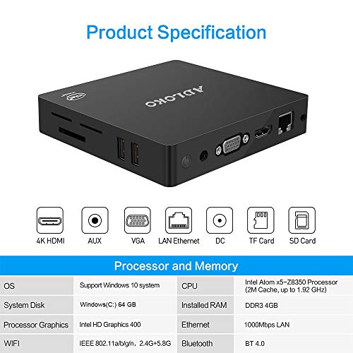 ADLOKO Z83PRO Mini PC, (Fanless Windows 10 Mini Desktop PC, Intel Atom ...