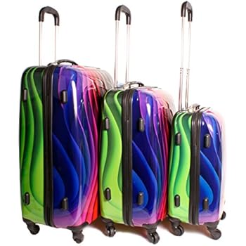 2408 Wavy Multicolour Rainbow Set of 3 Suitcases - Super Lightweight 4 ...