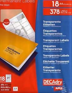DecaDry Transparent Labels, 18 Sheets, 21 Labels per Sheet, 378 Labels ...