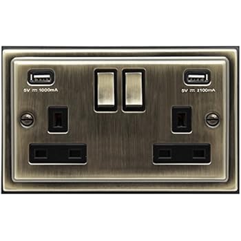 Antique Brass USB Double Wall Plug Socket 2 Gang 13A with 2 USB Charger ...