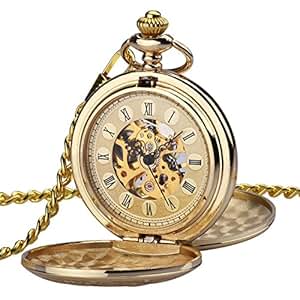 zeiger Steampunk Montre Homme Squelette Mécanique cuivre Gousset Dore double couvercle style ...