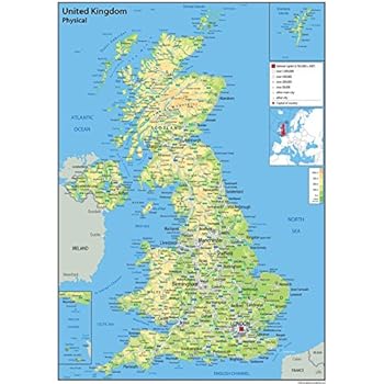 United Kingdom (UK) Physical Wall Map - Paper Laminated For Use In ...