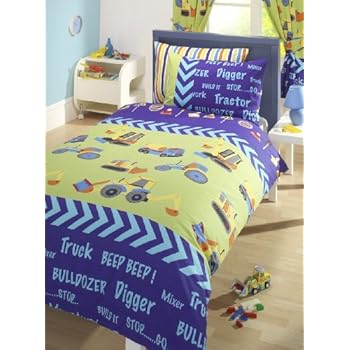 DIGGERS TRACTOR KIDS REVERSIBLE DOUBLE BED DUVET COVER QUILT BEDDING ...