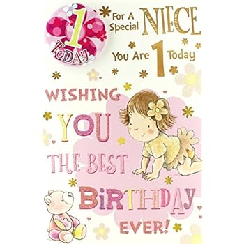 Niece 1st Birthday Card & Badge - 1 Today Little Girl, Teddy & Flowers ...