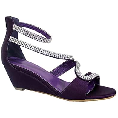 LADIES PURPLE WEDDING PROM WEDGE MID LOW HEEL DIAMANTE PEEP TOE SANDALS ...