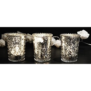 Set of 6 Mercury Glass Silver Tea Light Holder Candle Votive Wedding ...