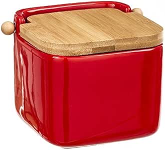 Square Ceramic Salt Container with Bamboo Lid (12 x 12 x 11 cm) red ...