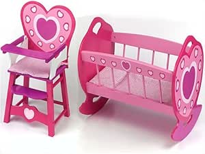 Dolls Pink Wooden Rocking Cradle Crib Cot Bed & High Chair Set Girls ...