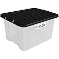 Plastix 35L 35 LITRE Clear Plastic Storage Box With Black Lid Home Office Stackable UK Made ...