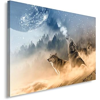 Amazon.de: Heulender Wolf vor Mondlicht, Bild auf Leinwand, XXL riesige Bilder fertig gerahmt mit