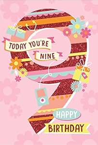 Age 9 Girl Birthday Card - Big Patterned Number, Present & Flowers 7.75 ...