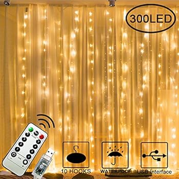 300 LED Waterproof Curtain Light with Hooks 3mX3m, Fairy String Lights ...