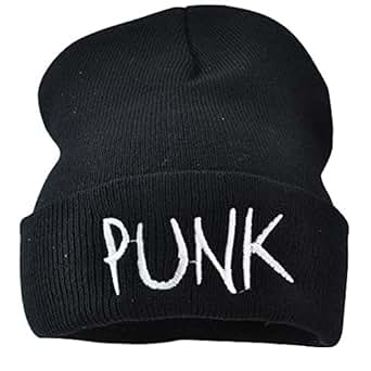 Black Knitted PUNK Beanie Hat with white embroidered Punk Design Ski ...