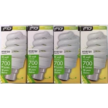 4 x TCP 11 Watt 630 Lumen Compact Fluorescent Spiral Energy Saver CFL ...