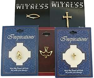 Set of 5 Christian Lapel Pin Badges. Gold Colour Crosses, fish, doves ...