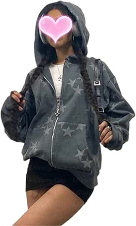 Women's Y2k Zip Up Hoodies Long Sleeve Graphic Star Print Hooded Jacket Oversized Goth Harajuku ...