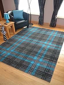 Modern Soft Teal Blue Tartan Highland Check Rugs (120cm x 170cm ...